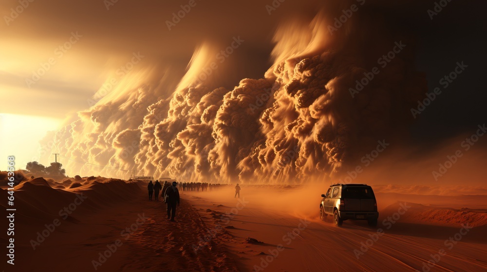 Sandstorm, sand is blown away by a strong wind. Concept: evacuation of ...