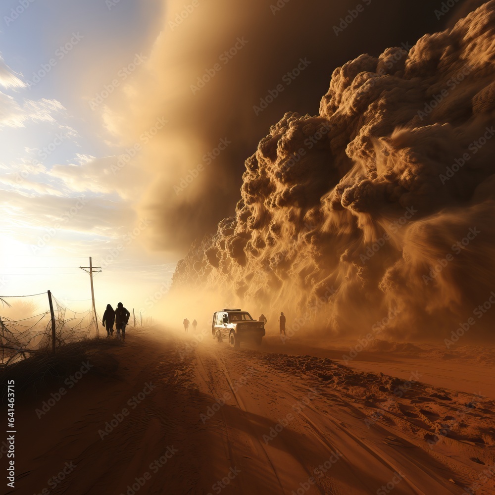 Sandstorm, sand is blown away by a strong wind. Concept: evacuation of ...