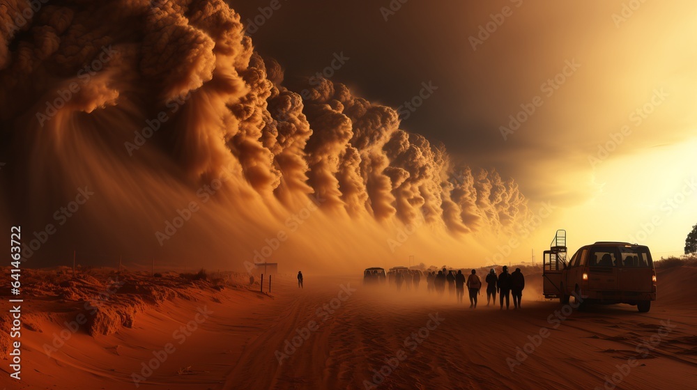 Sandstorm, sand is blown away by a strong wind. Concept: evacuation of ...