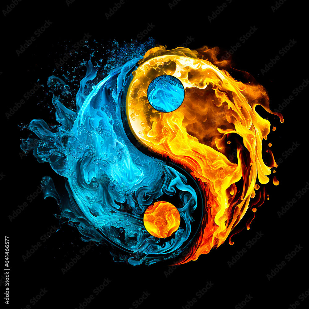 Ying Yang Symbol Made of Water and Fire on Black Background. foto de ...