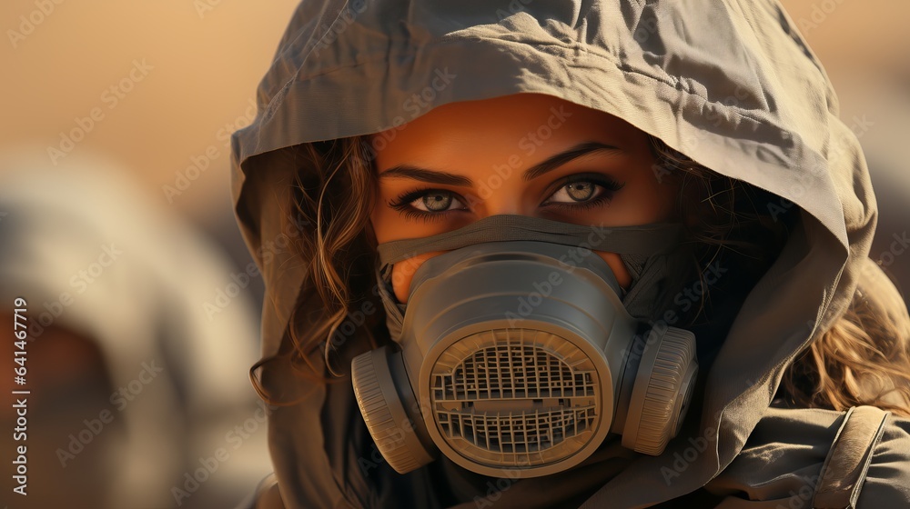 A man in a respirator from a sandstorm, the sand scatters from a strong ...