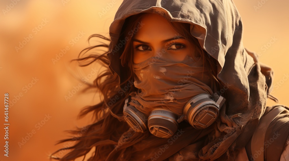 A man in a respirator from a sandstorm, the sand scatters from a strong ...