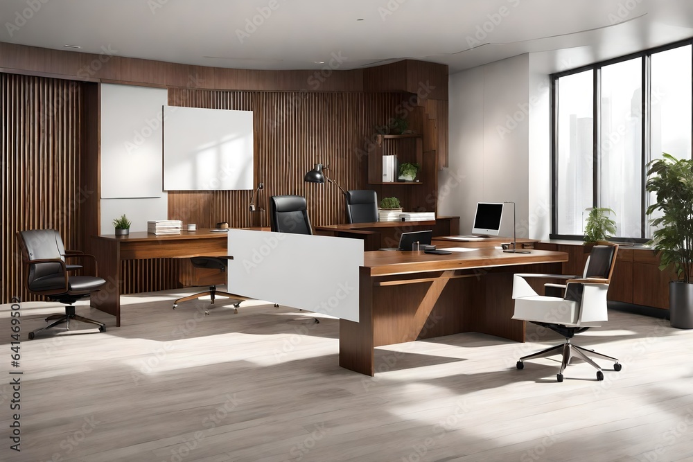 A well-appointed executive office with polished wood accents ...