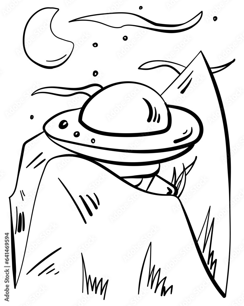 Alien spaceship in mountains at night, coloring page with UFO in ...