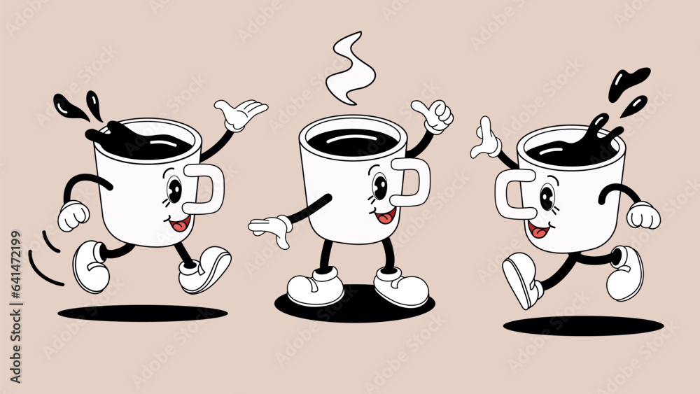 Set cute retro character cup of coffee. Funny logo mascot for menu café ...