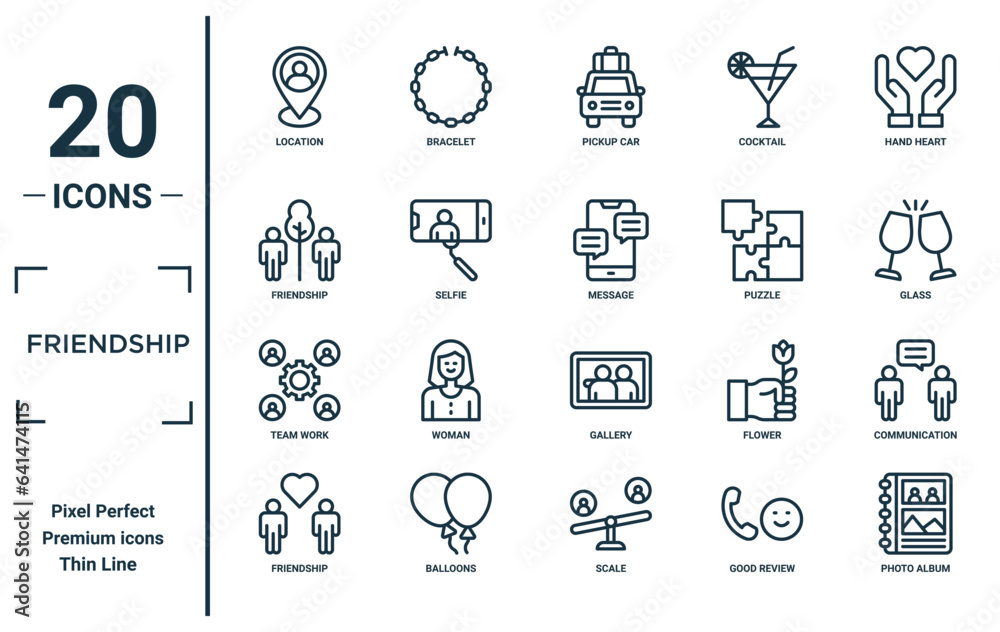 Vetor de friendship linear icon set. includes thin line location ...