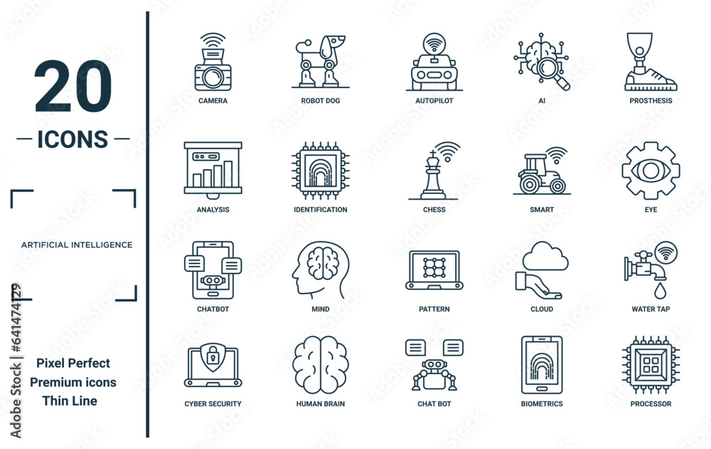 artificial intelligence linear icon set. includes thin line camera ...