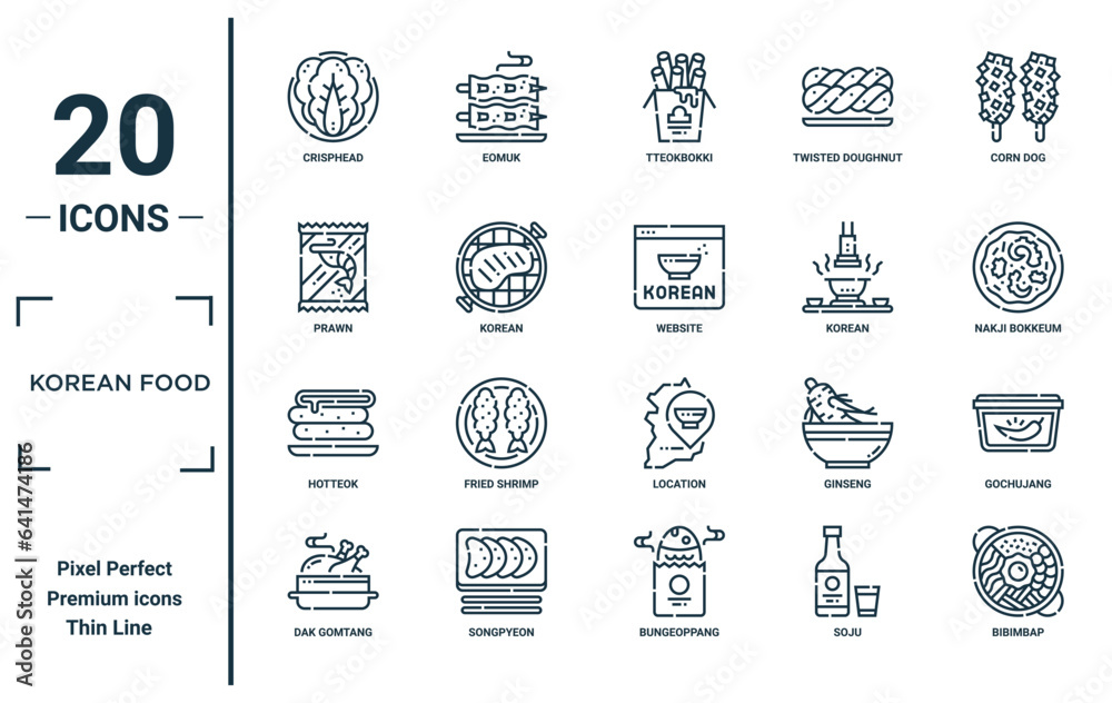 korean food linear icon set. includes thin line crisphead, prawn ...