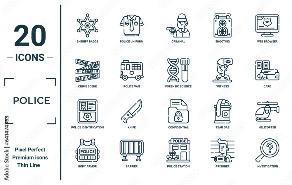 police linear icon set. includes thin line sheriff badge, crime scene ...