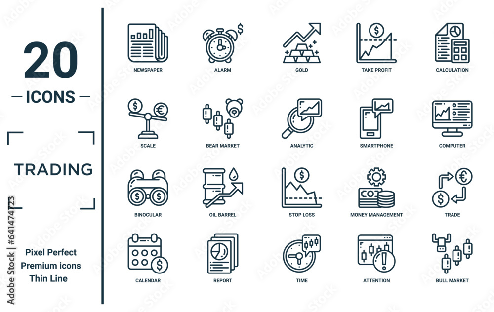trading linear icon set. includes thin line newspaper, scale, binocular ...