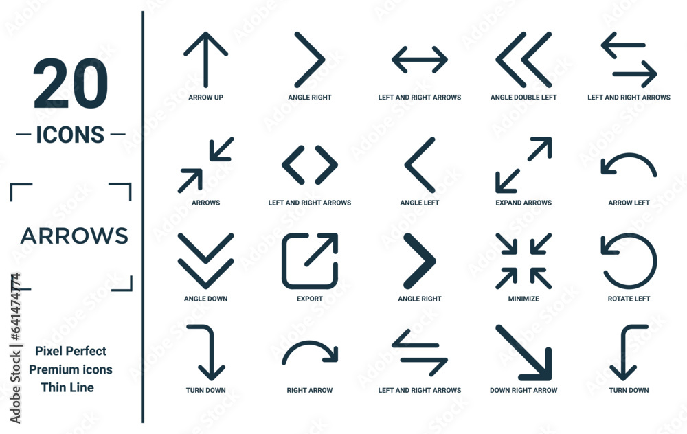 arrows linear icon set. includes thin line arrow up, arrows, angle down, turn down, turn down ...