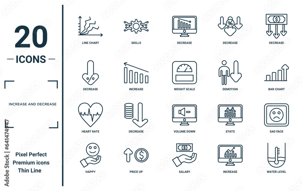 Vecteur Stock increase and decrease linear icon set. includes thin line line chart, decrease ...