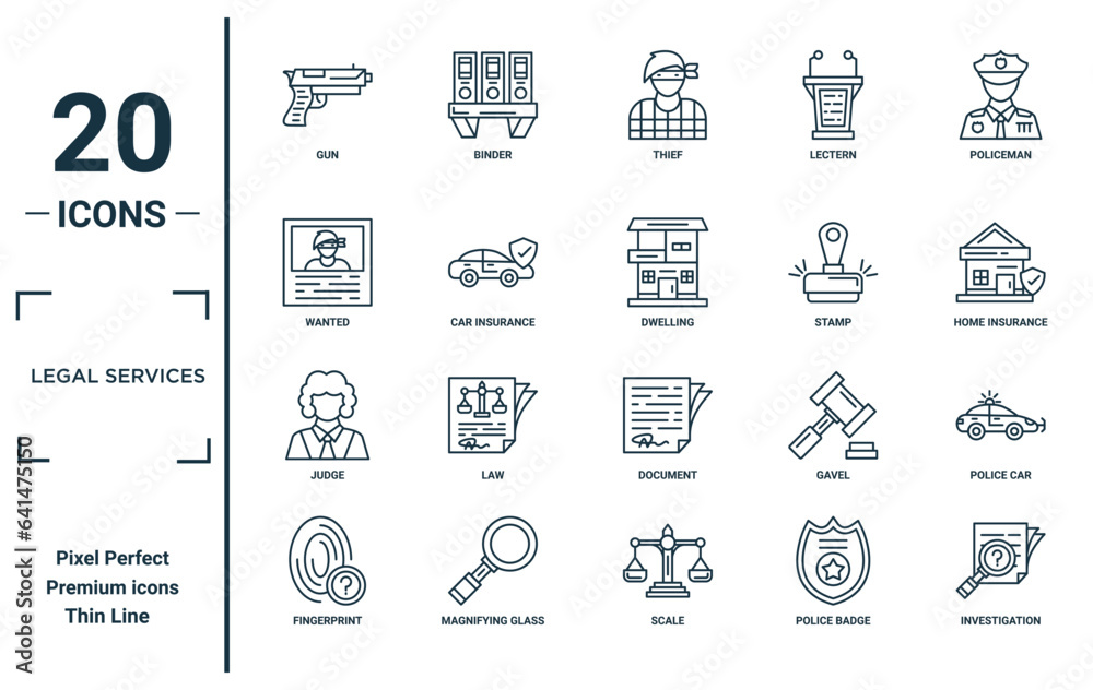 legal services linear icon set. includes thin line gun, wanted, judge ...