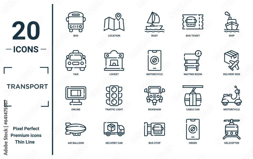 transport linear icon set. includes thin line bus, taxi, online, air ...