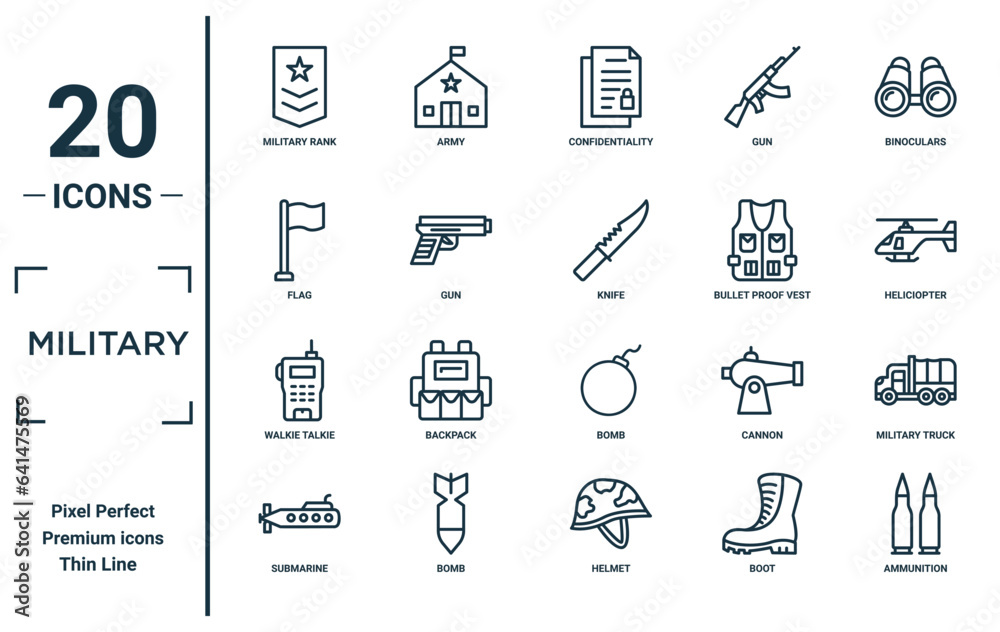 military linear icon set. includes thin line military rank, flag ...