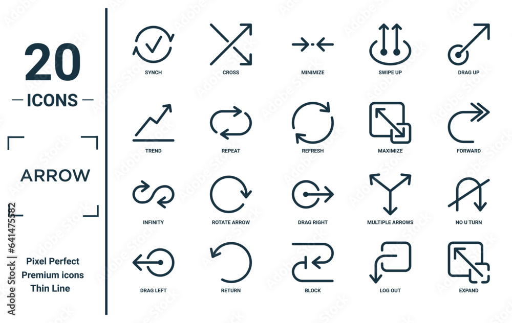 arrow linear icon set. includes thin line synch, trend, infinity, drag ...