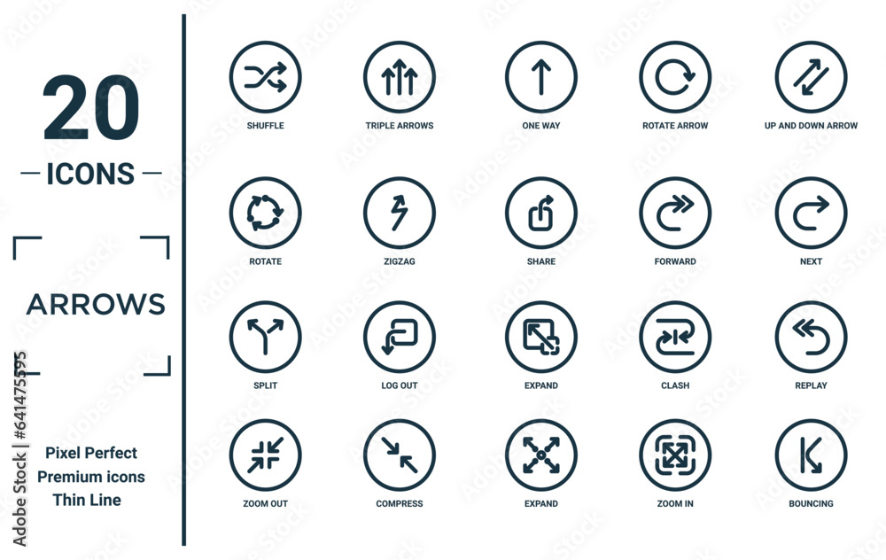 arrows linear icon set. includes thin line shuffle, rotate, split, zoom out, bouncing, share ...