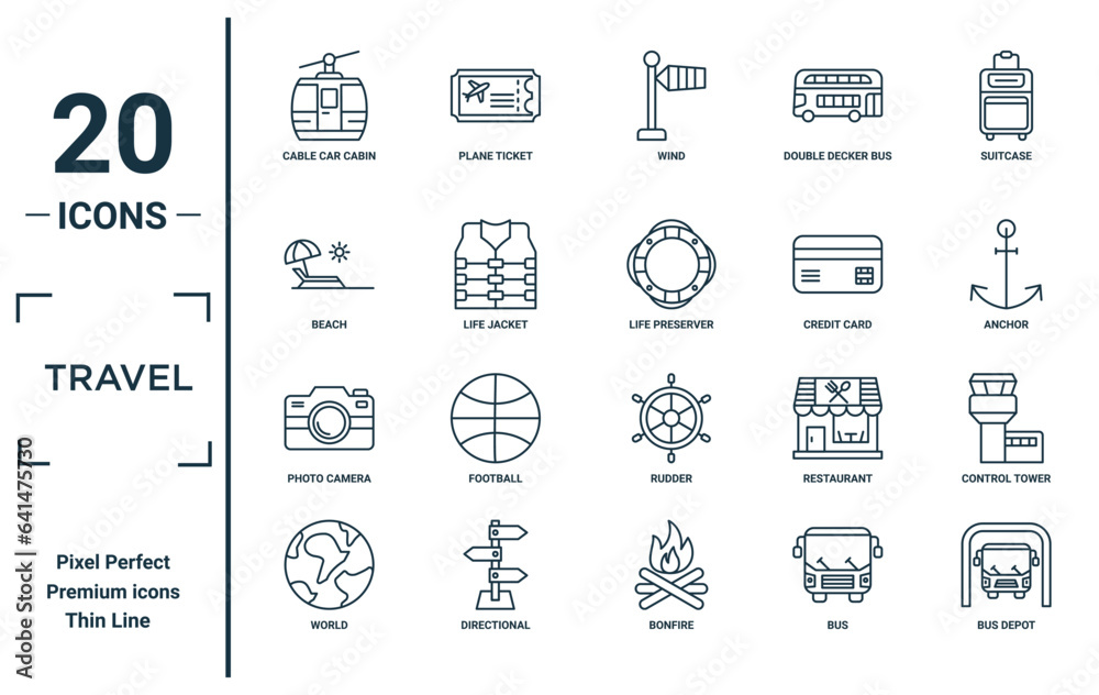 travel linear icon set. includes thin line cable car cabin, beach ...