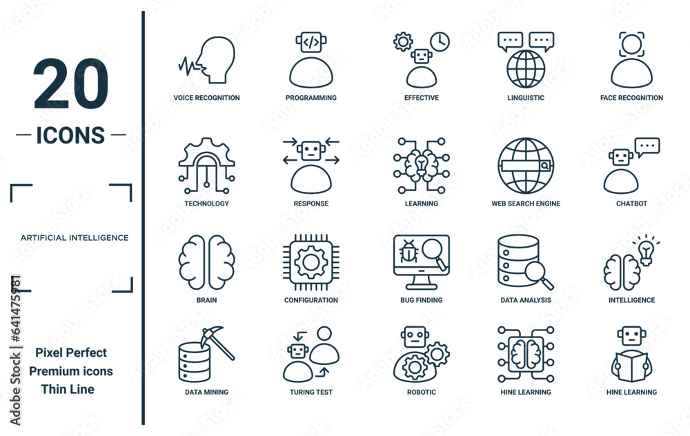 artificial intelligence linear icon set. includes thin line voice recognition, technology, brain ...