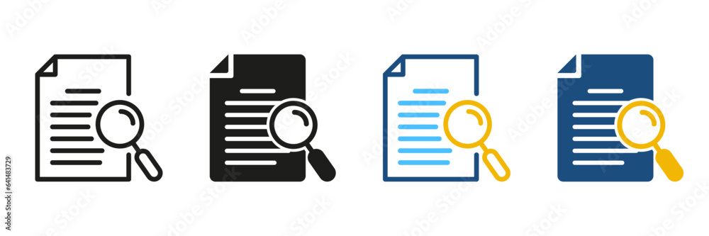 Vetor de Document with Magnifying Glass Line and Silhouette Icon Set ...