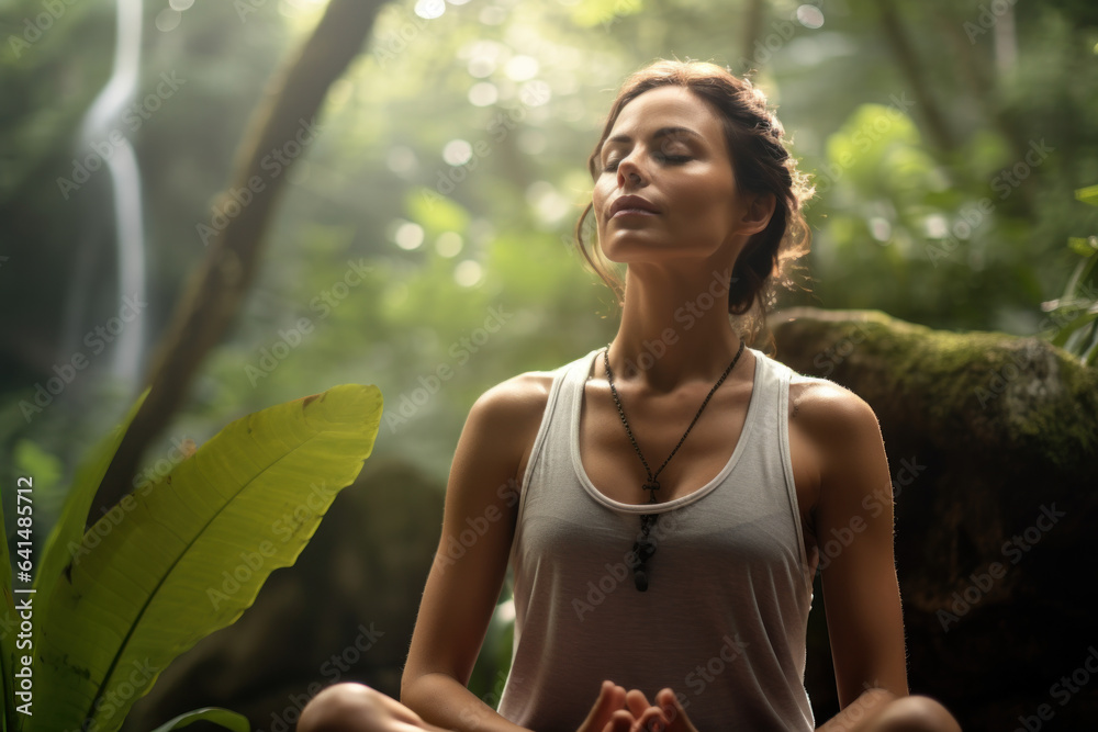 A person practices deep breathing exercises against a backdrop of lush ...