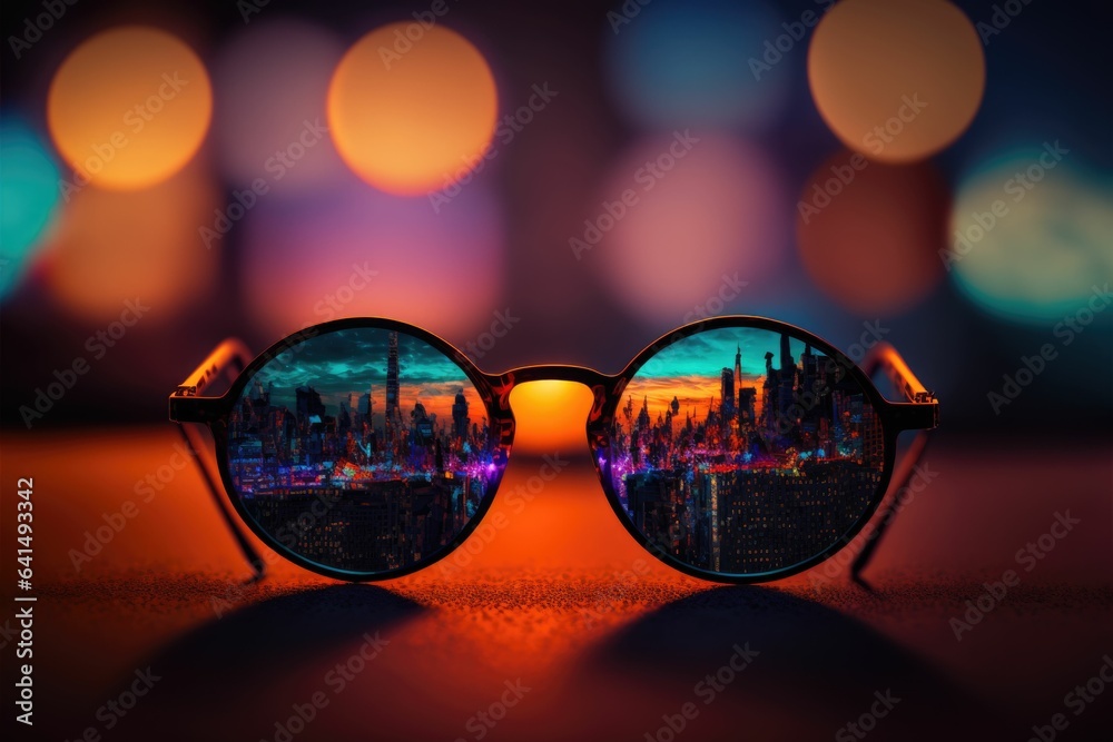 Vibrant Reflection: Circular Sunglass Lens Captures Bright Neon Sign in ...