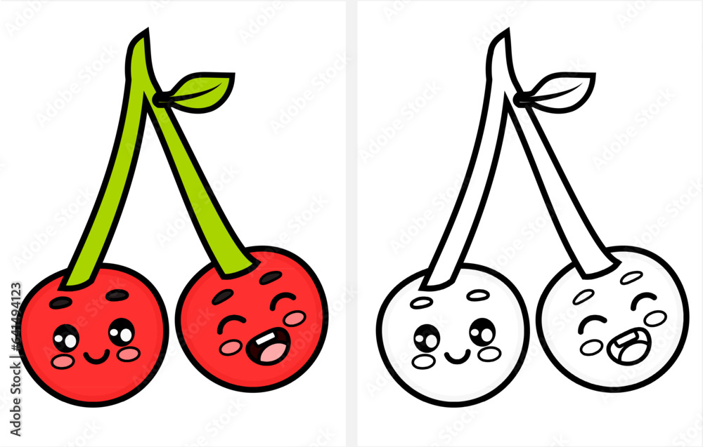 Cute cartoon cherry coloring page for kids. Stock Vector | Adobe Stock