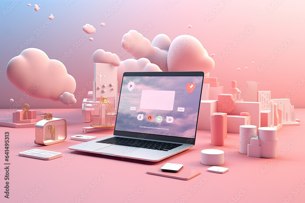 Pastel pink tech scene. laptop workspace with social media icons and ...