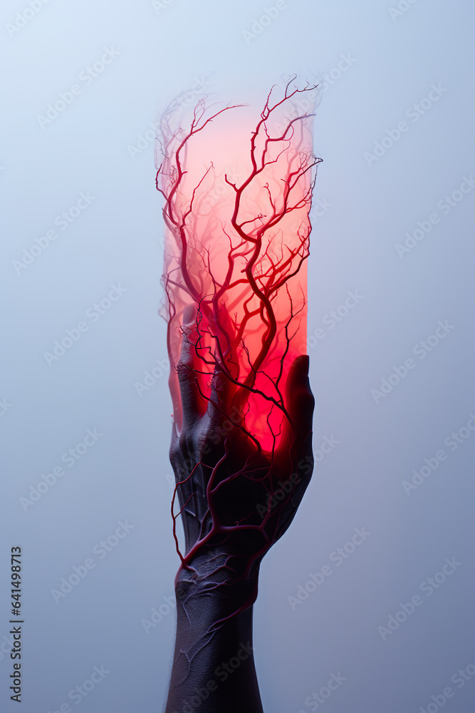 Man's forearm with veins and arteries with alien circulatory system ...