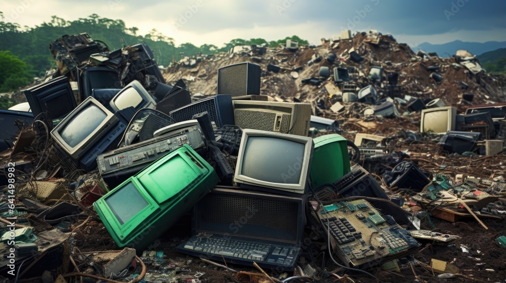 electronic waste dumped in a landfill, depicting the issue of e-waste ...