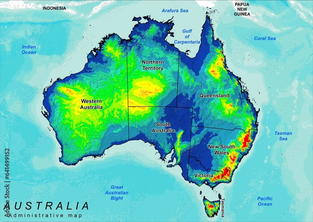 Australia Administrative States Map with 3d Relief Elevation Stock ...