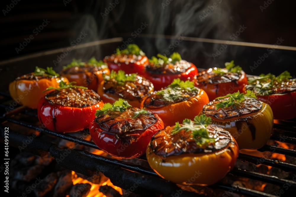 Grilling Process of preparing red bell pepper on barbecue bbq grill ...