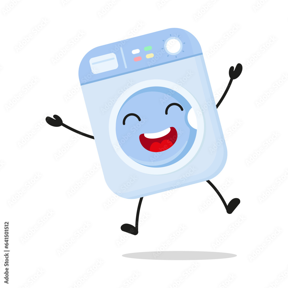 Cute happy washing machine character. Funny victory jump celebration ...