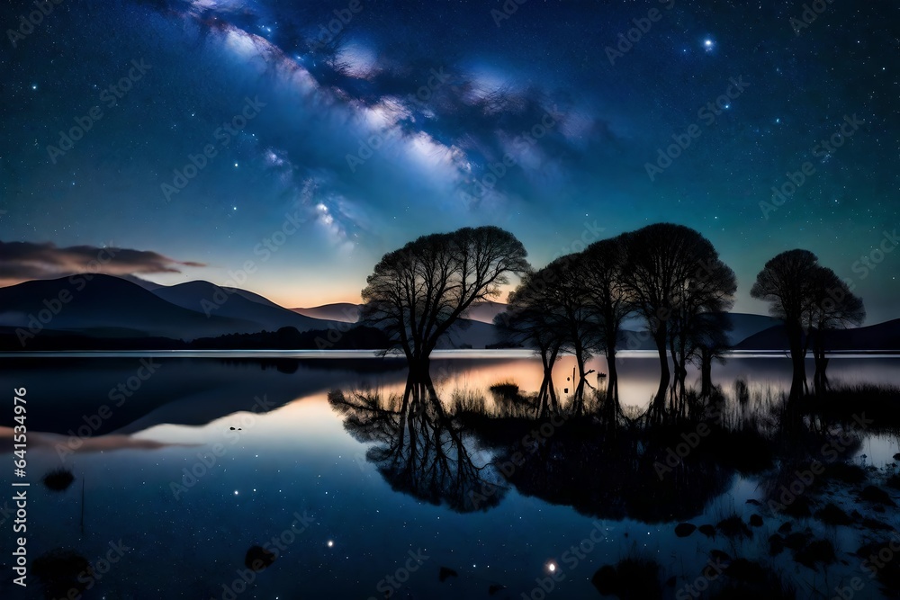 night landscape with moon and clouds, wait lake at night with a faint ...