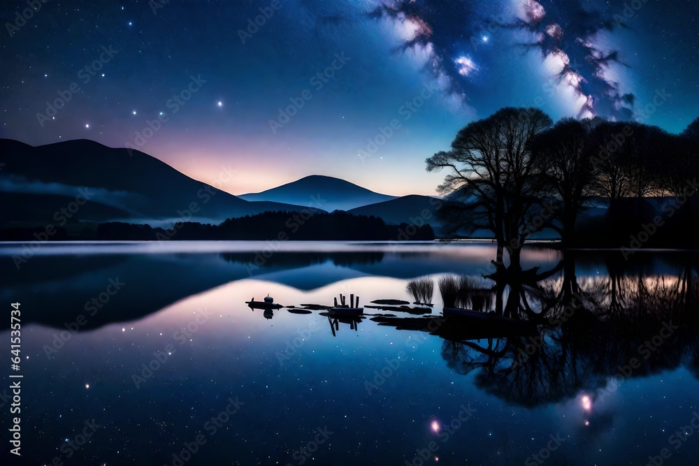 night landscape with moon and clouds, wait lake at night with a faint ...