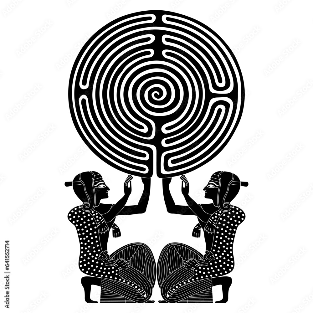 Symmetrical design with two kneeling ancient Egyptian men holding a ...