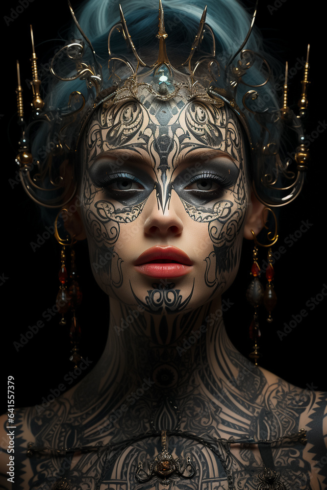 Beautiful woman with full body tattoos looking into the camera Stock Photo | Adobe Stock