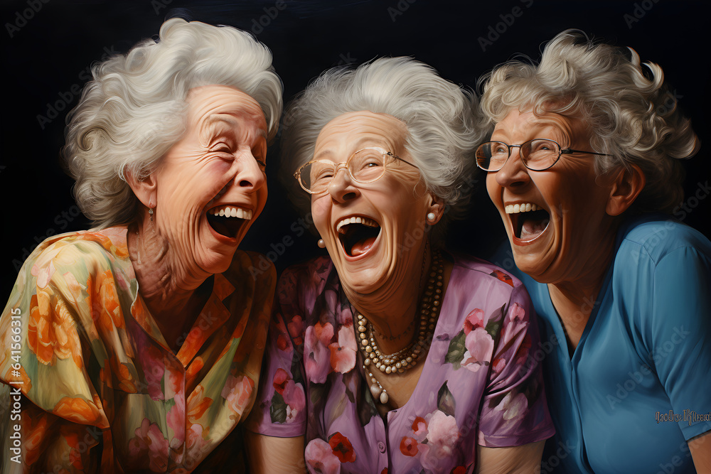 studio portrait of three old ladies, friends laughing together, plain ...