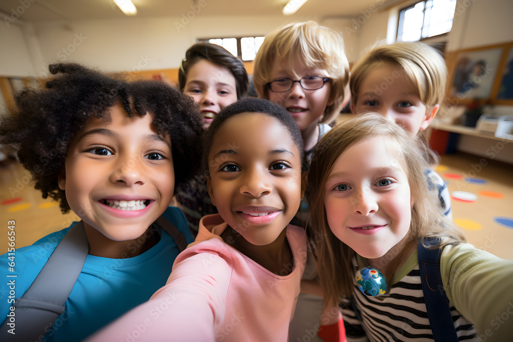 Class selfie in an elementary school. Kids taking a picture together in ...
