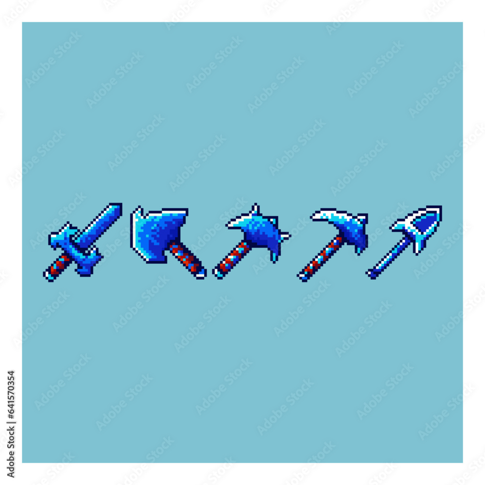 Pixel art sets of blue tools items asset on pixelated style.8bits ...