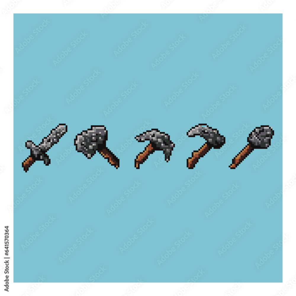 Pixel art sets of stone tools items asset on pixelated style.8bits ...