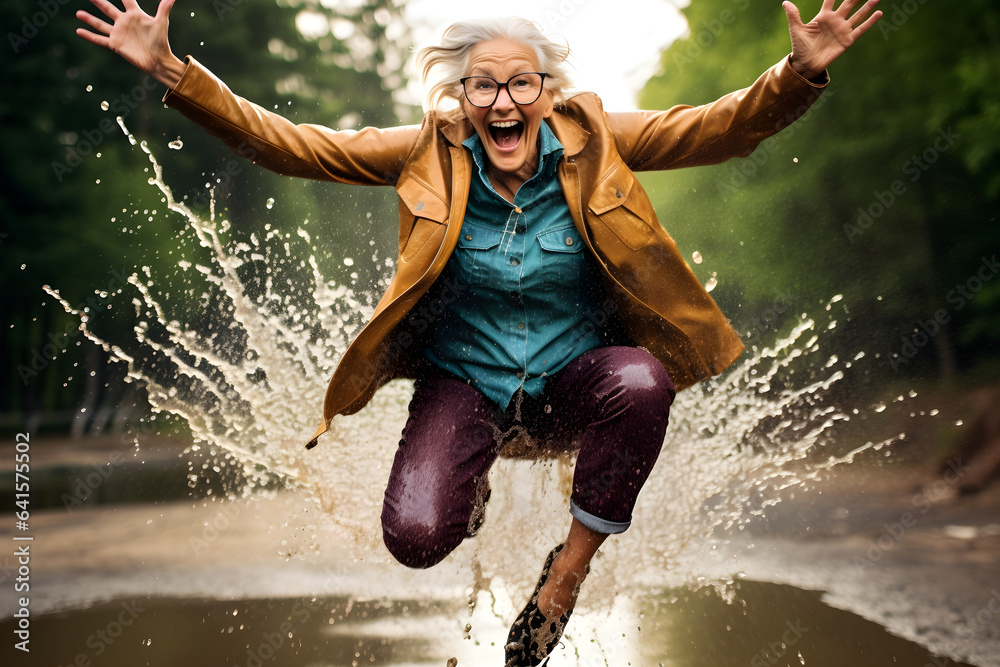 happy retired senior woman jumping in puddle enjoying retirement ...