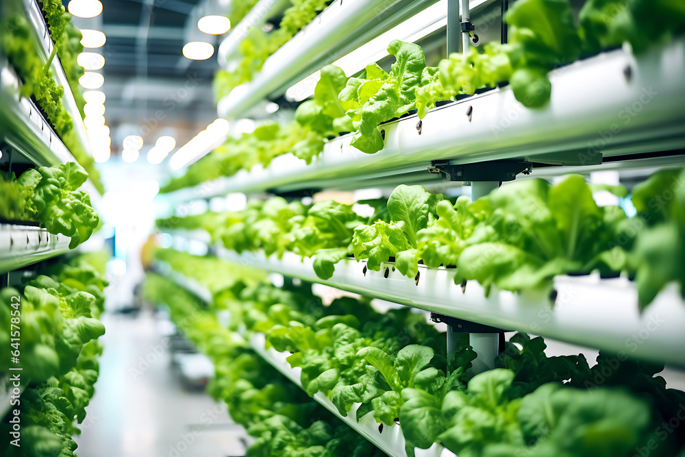 Inside of Greenhouse Hydroponic Vertical Farm Eco system with rows of ...
