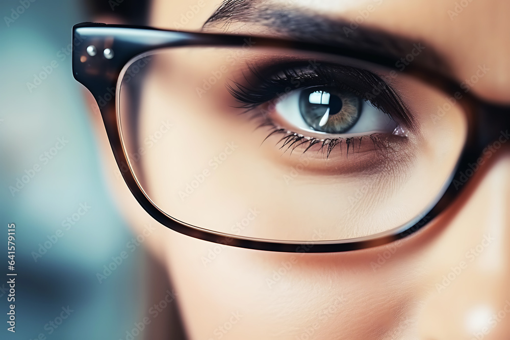 Female eye with long eyelashes in eyeglasses. Model in glasses. Vision ...