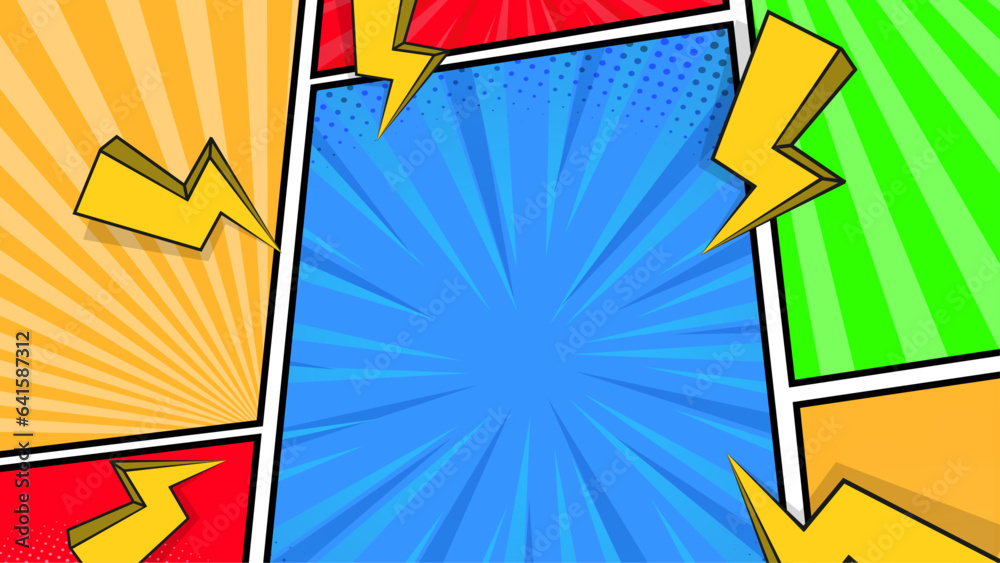 Colorful comic cartoon style frame border background with callout star ...