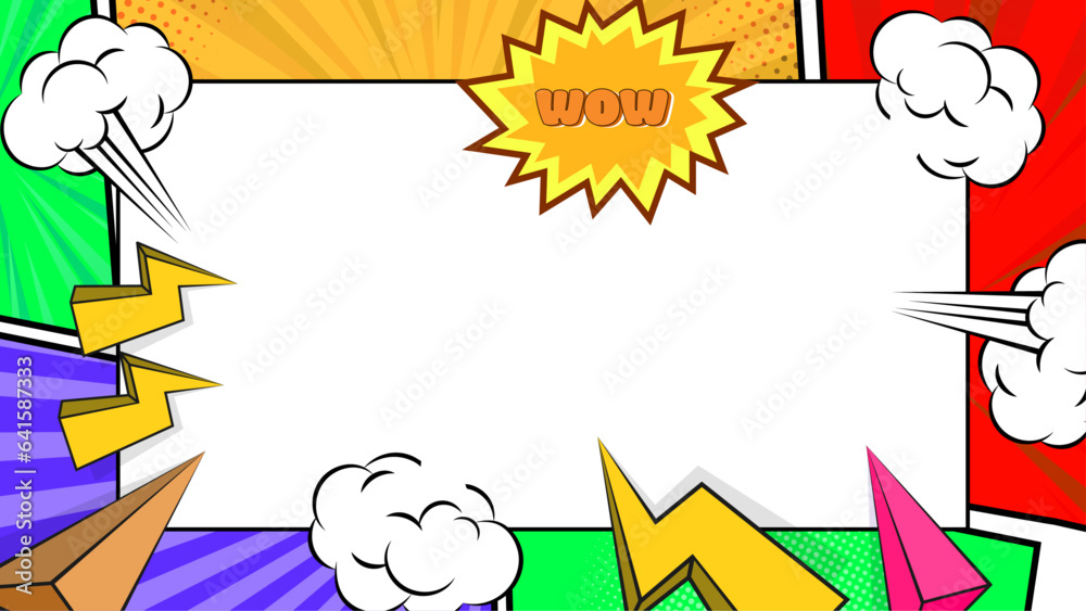 Colorful comic cartoon style frame border background with callout star ...