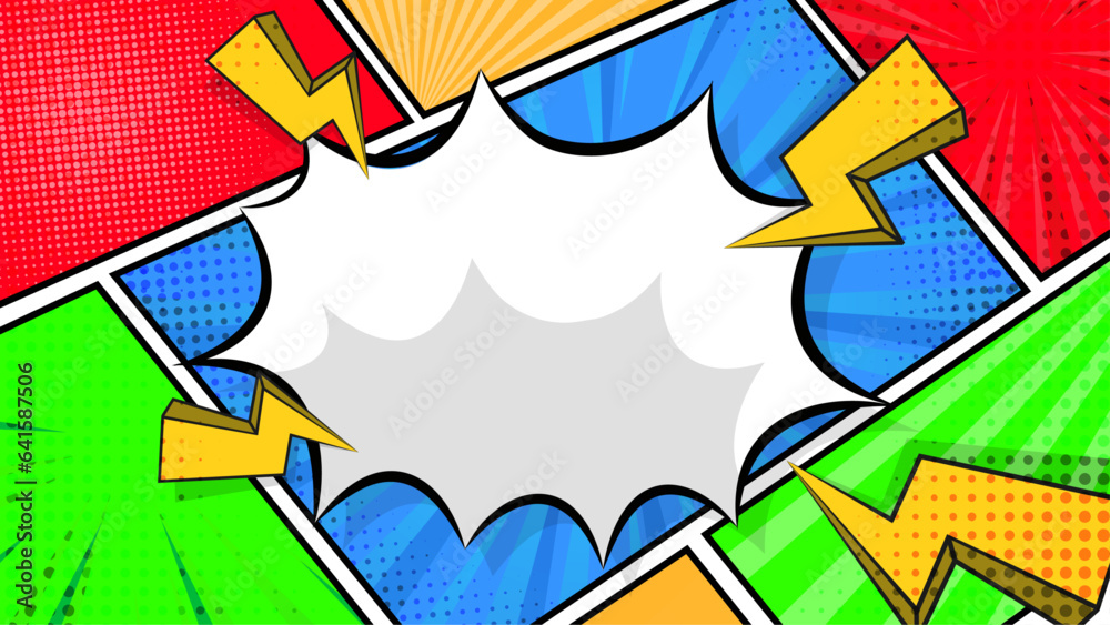 Colorful comic cartoon style frame border background with callout star ...