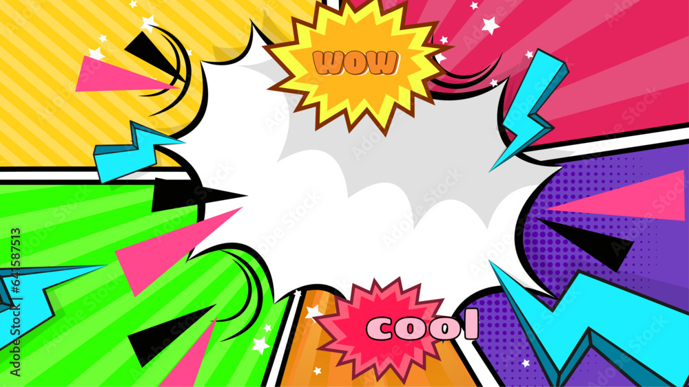 Colorful comic cartoon style frame border background with callout star ...