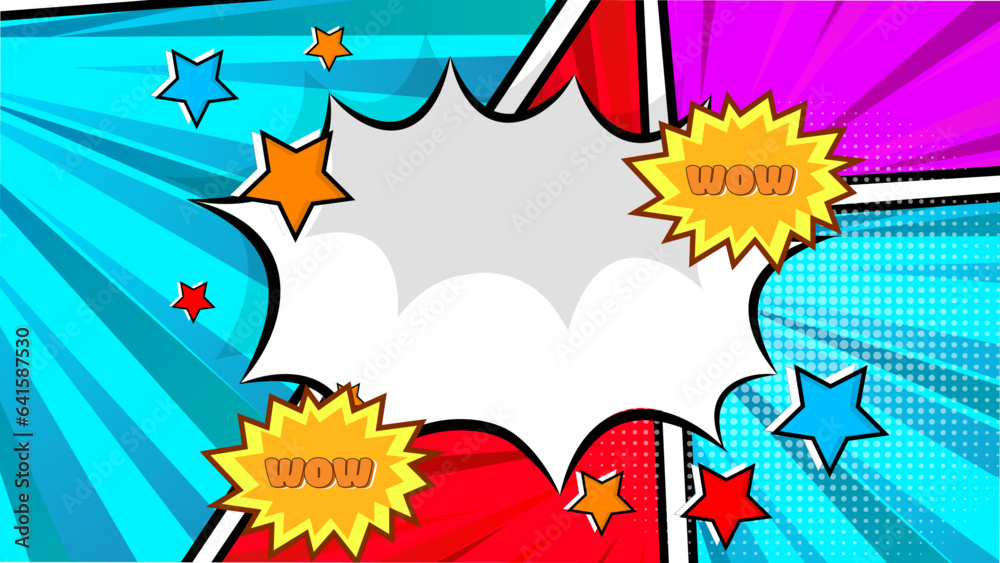 Colorful comic cartoon style frame border background with callout star ...