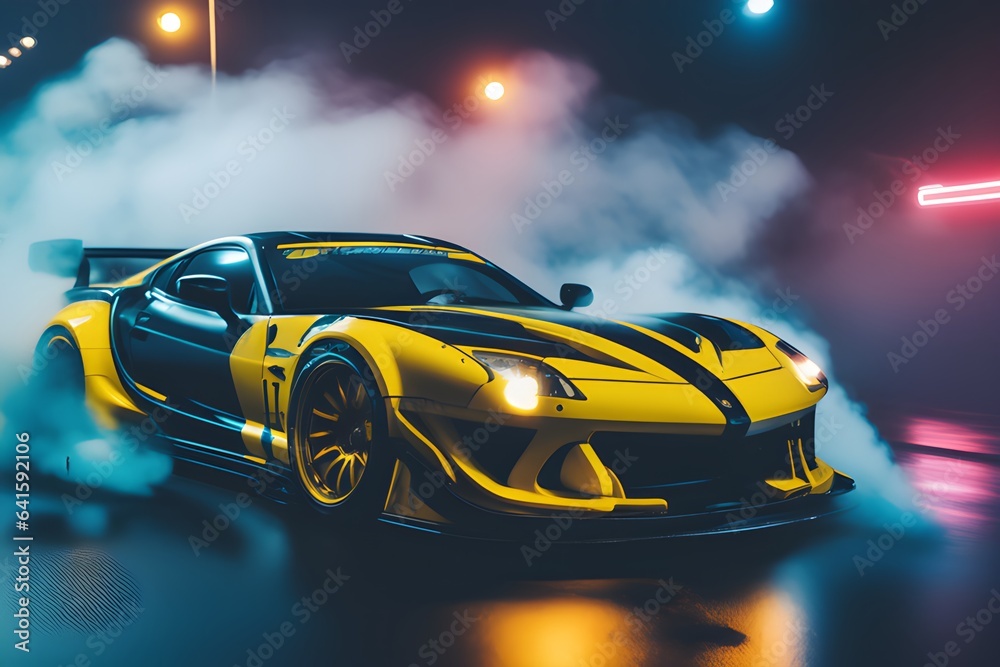 Drifting sports car wallpaper. Dark black background with smoke. Yellow ...